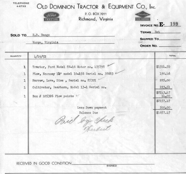 Sales Invoice - Ford Fordson Collectors Association