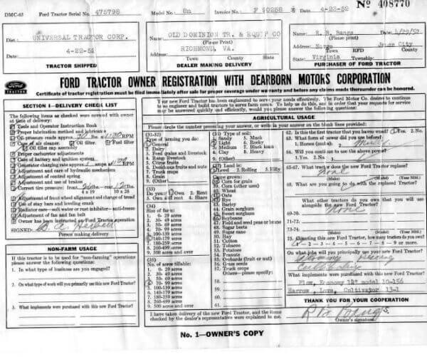 Warranty Registration - Ford Fordson Collectors Association